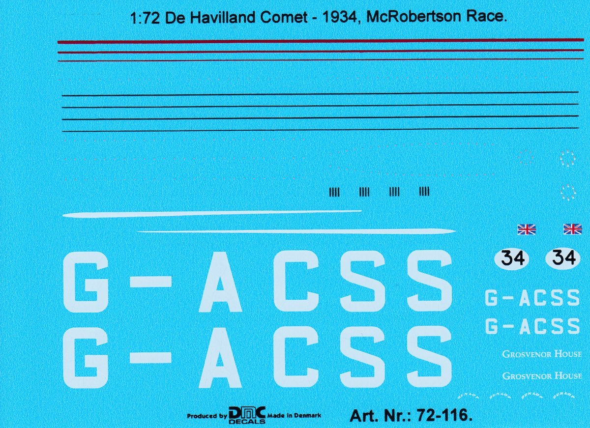 De Havilland Comet 1934 (McRobertson) - decals, skala 1/72 - Militær ...